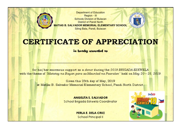 Brigada Eskwela 2019 Certificate Template | PDF