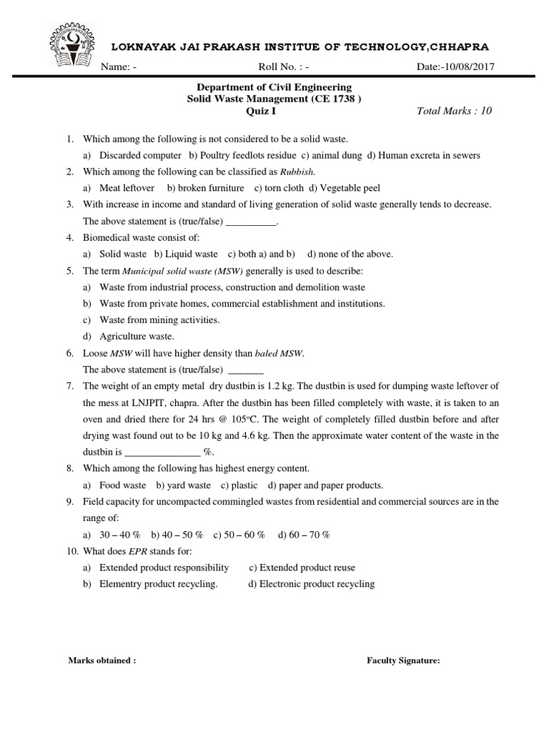 Solid Waste Management Quiz | PDF