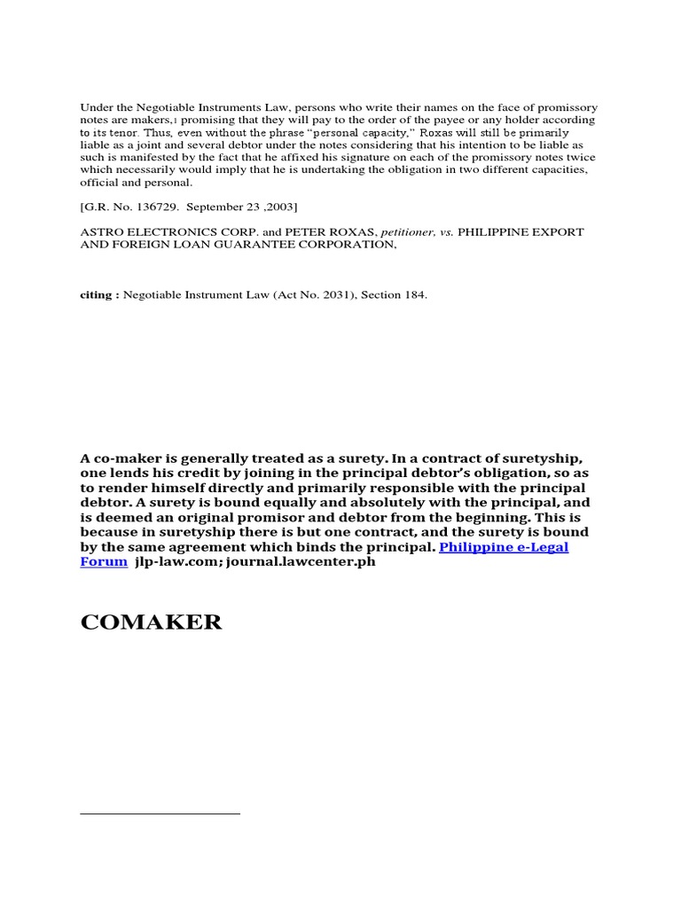 Comaker: Citing: Negotiable Instrument Law (Act No. 2031), Section 184 | PDF