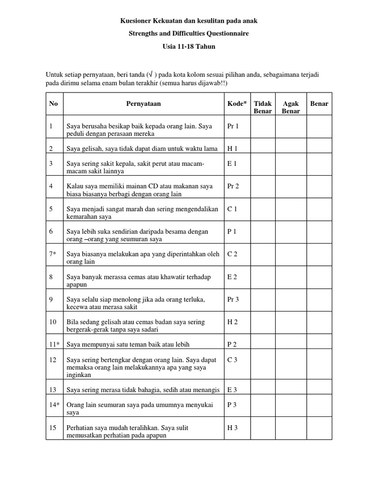 Kuesioner SDQ 11 SD 18 THN | PDF