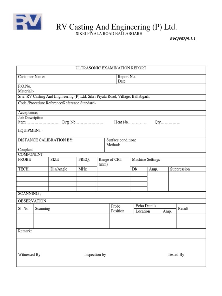 Ultrasonic Examination Report for RV Casting and Engineering Provides ...