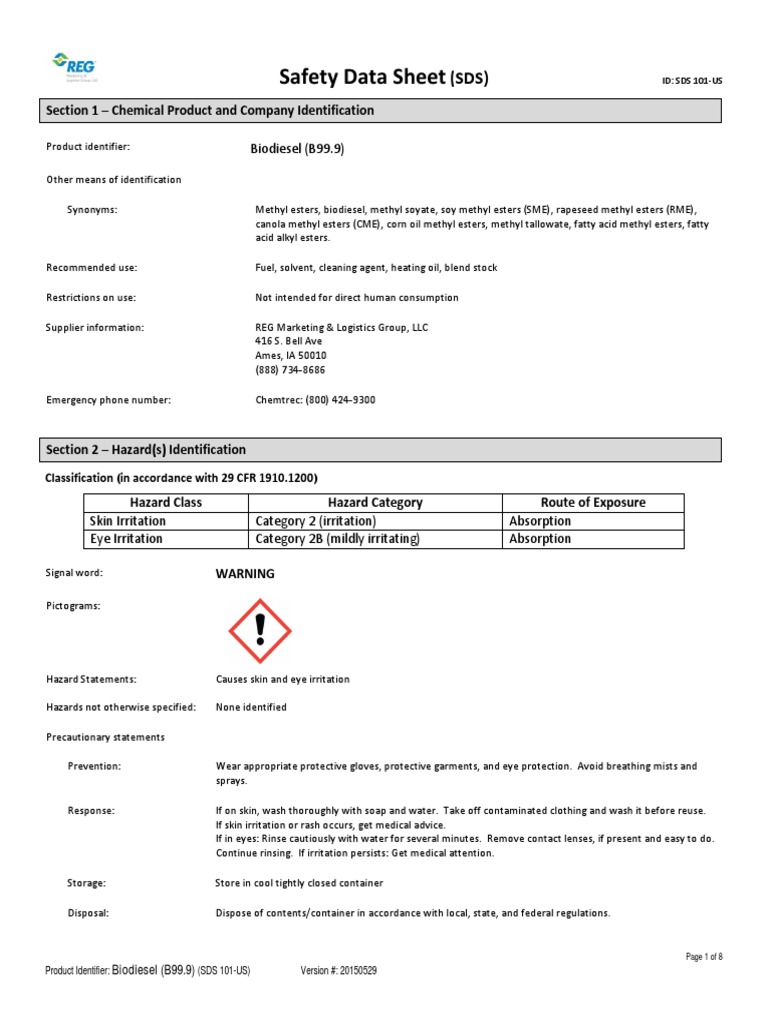 Safety Data Sheet: Biodiesel (B99.9) | PDF | Superfund | Personal ...