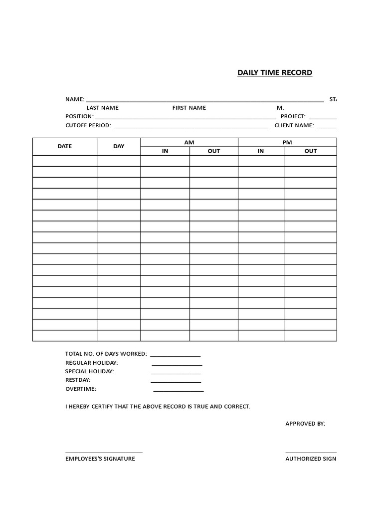 Daily Time Record Template | PDF