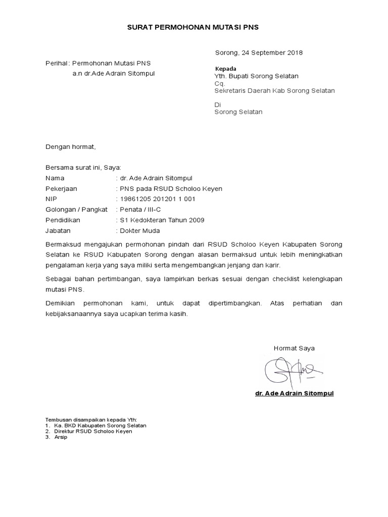 Permohonan Mutasi PNS (DR - Ade) | PDF