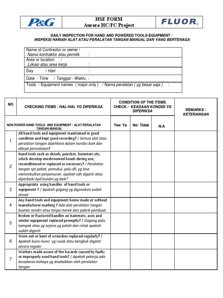 Hse Form Aurora HC/FC Project: Inspeksi Harian Alat Atau Peralatan ...