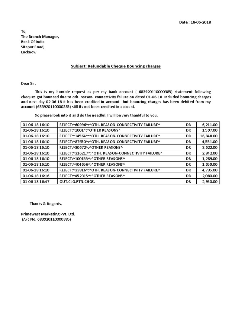 Subject: Refundable Cheque Bouncing Charges: The Branch Manager | PDF