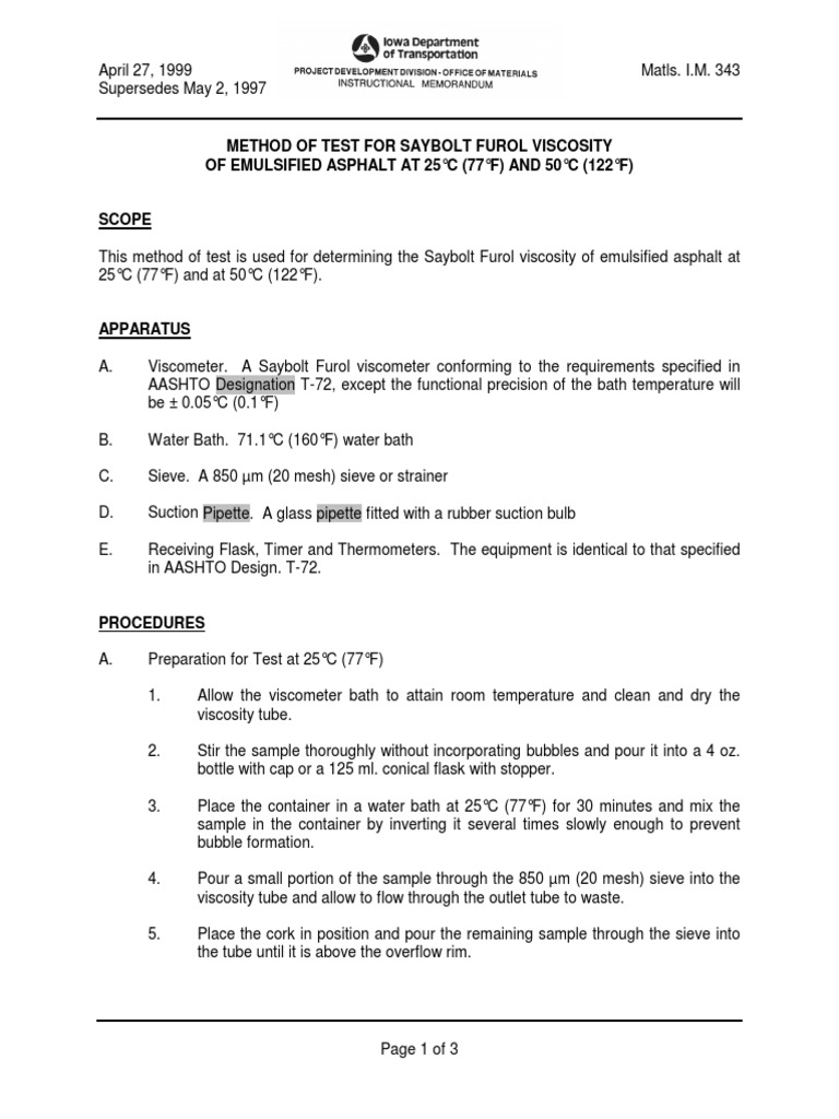 Method of Test For Saybolt Furol Viscosity of Emulsified Asphalt at 25 ...