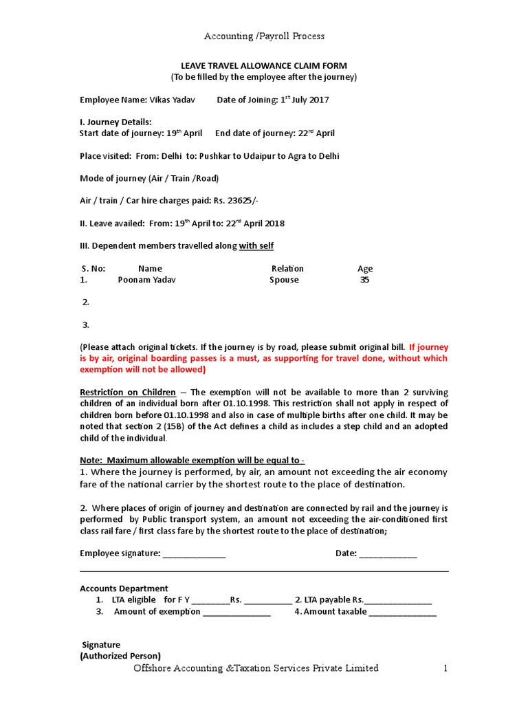 Accounting /payroll Process: Leave Travel Allowance Claim Form | PDF ...