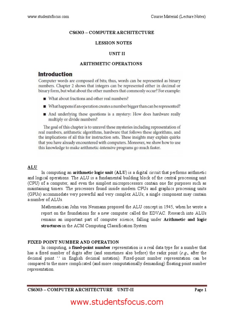 Cs6303 - Computer Architecture Lession Notes Unit Ii Arithmetic ...