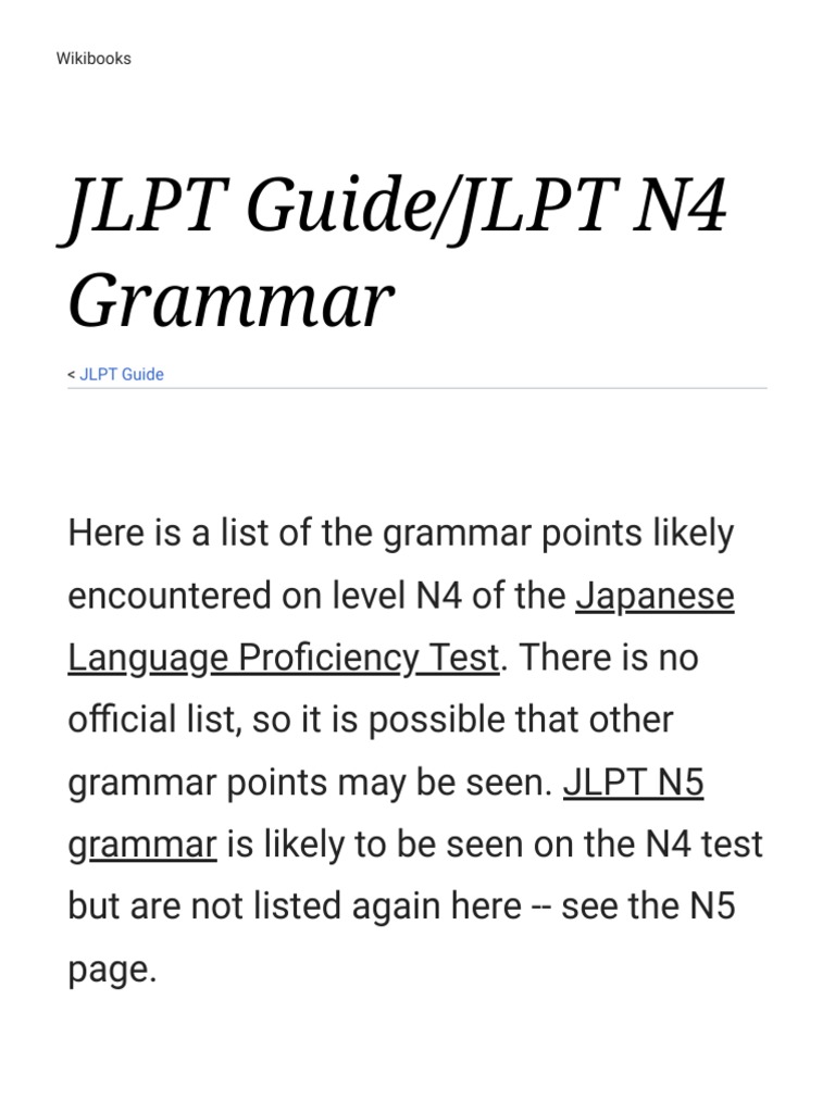 JLPT Guide - JLPT N4 Grammar - Wikibooks, Open Books For An Open World | PDF | Verb | Syntactic ...