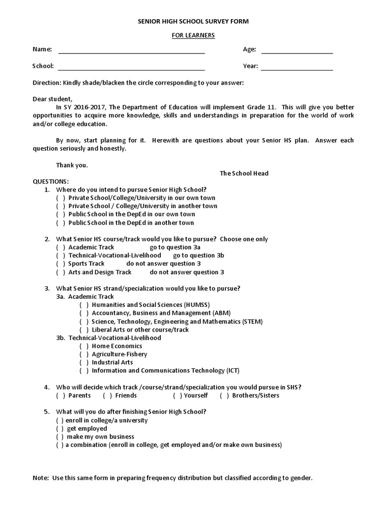 Senior High School Survey Form | PDF | Science, Technology, Engineering ...