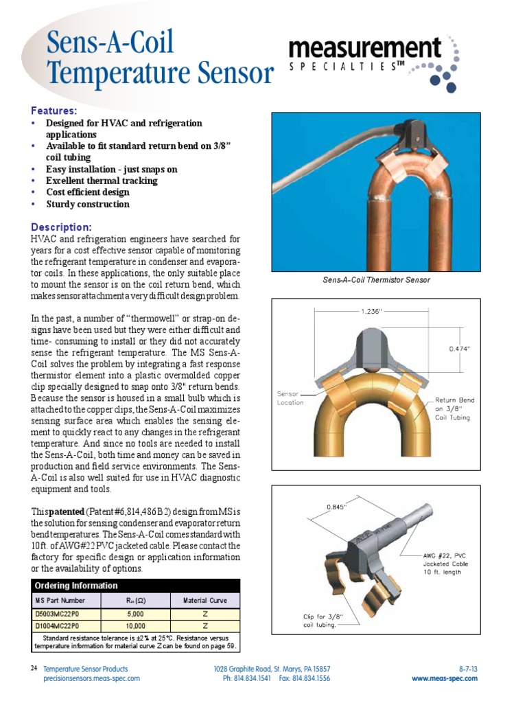 Sens-A-Coil Temperature Sensor: Features | PDF | Hvac | Refrigeration