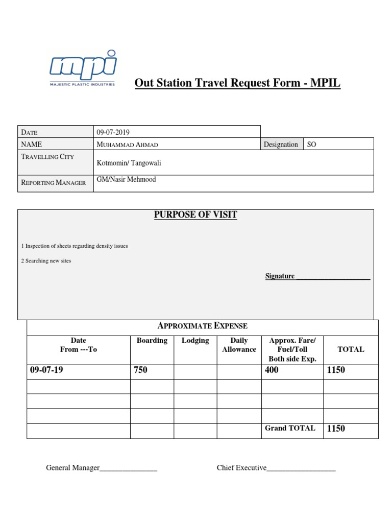 Out Station Travel Request Form - MPIL: Purpose of Visit | PDF
