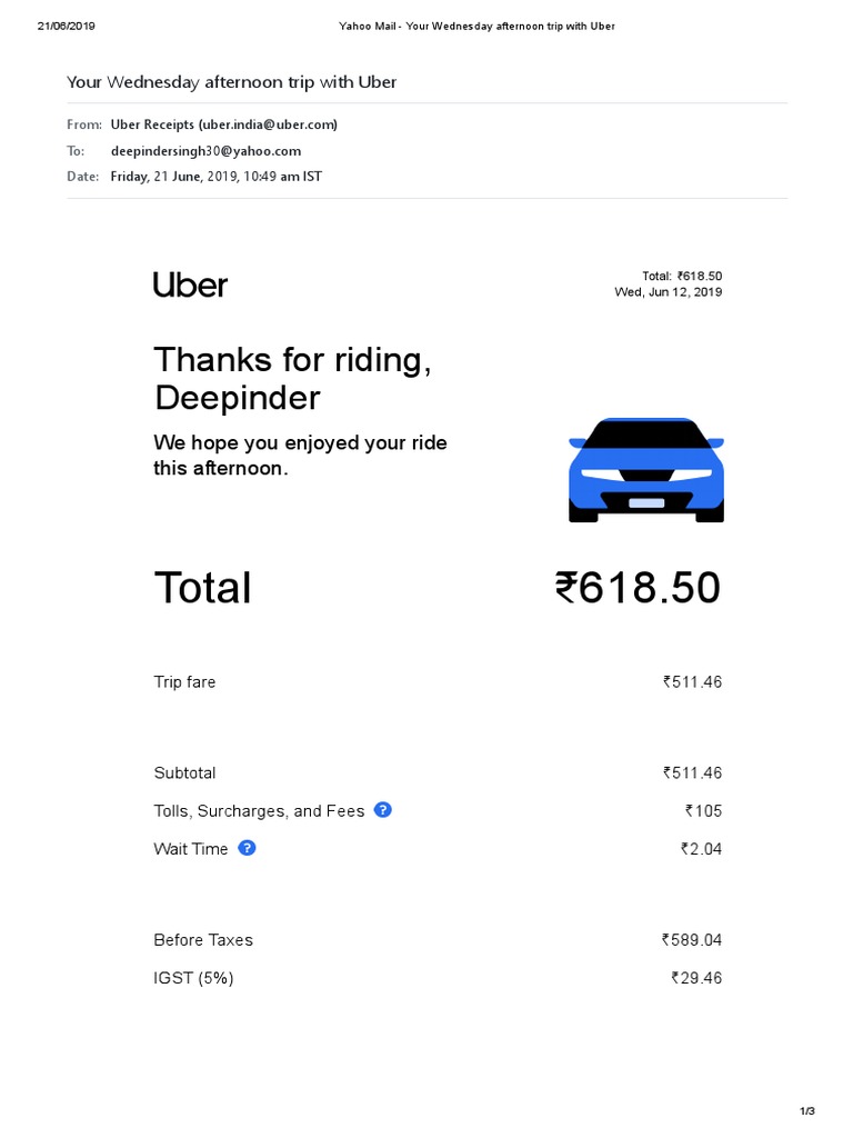 Uber Bill | PDF | Invoice | Payments