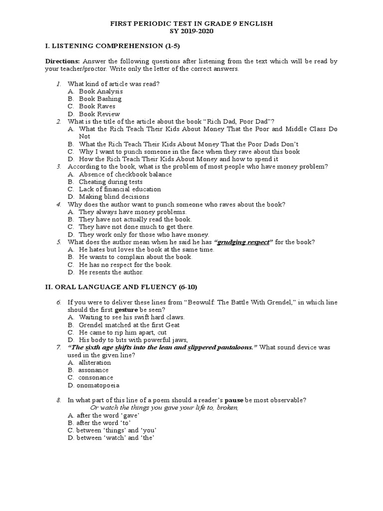 Grade 9 English Test Analysis | PDF | Punctuation