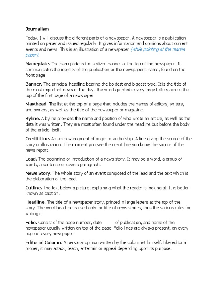 Parts of a Newspaper Explained | PDF | Newspapers | News