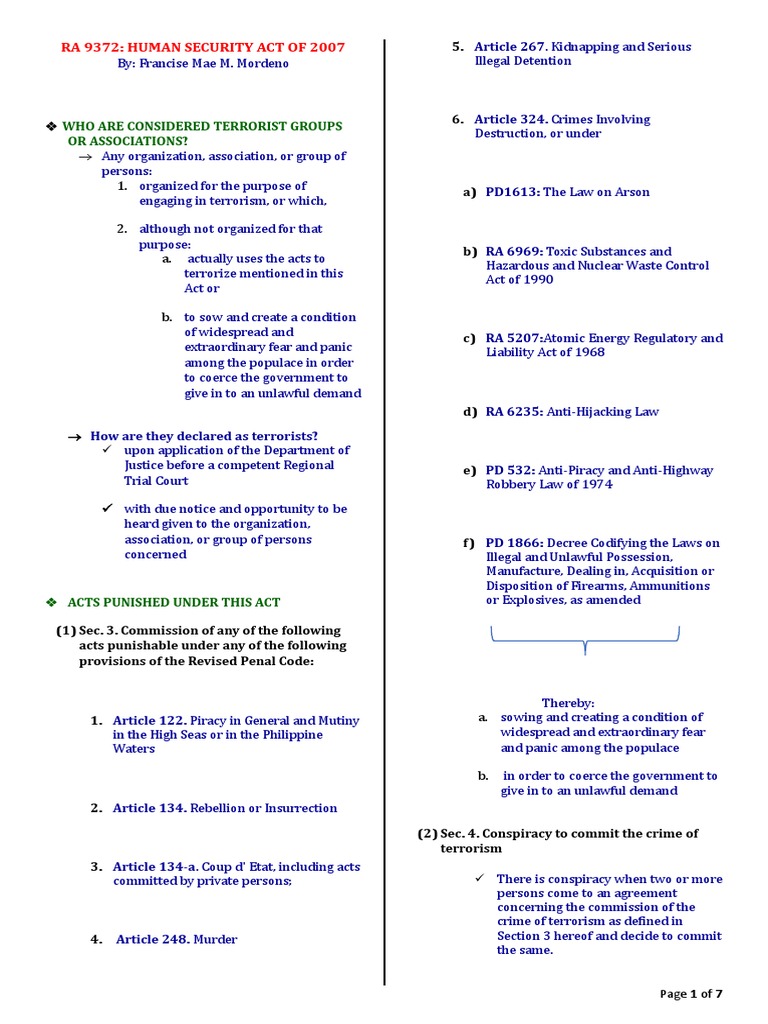 Ra 9372: Human Security Act of 2007: Who Are Considered Terrorist Groups or Associations? | PDF ...