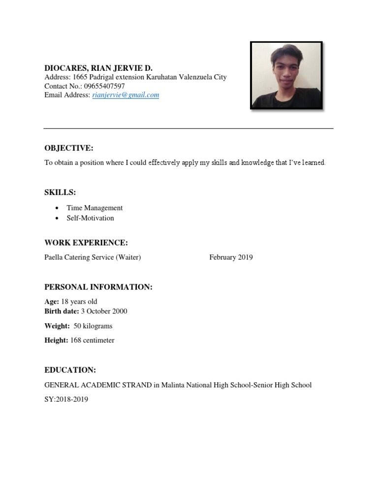 Diocares, Rian Jervie D.: Age: 18 Years Old Birth Date: 3 October 2000 ...