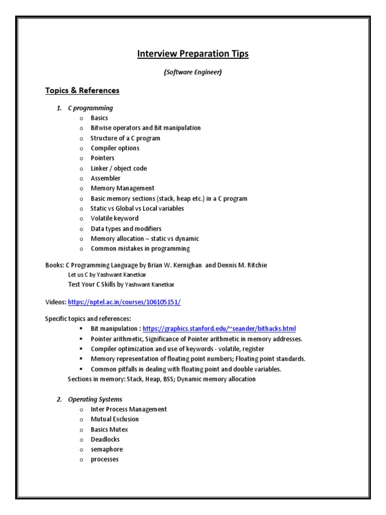 Interview Preparation Tips: Topics & References | PDF | C (Programming Language) | Pointer ...