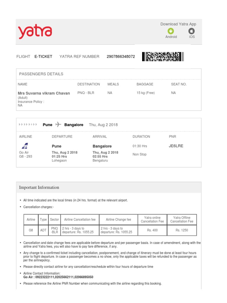 E-Ticket 2907866348072: Download Yatra App | PDF | Aviation | Transport
