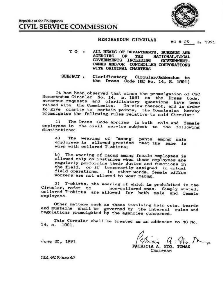 MC No. 25. s.1991 Clarificatory Circular-Addendum To The Dress Code | PDF