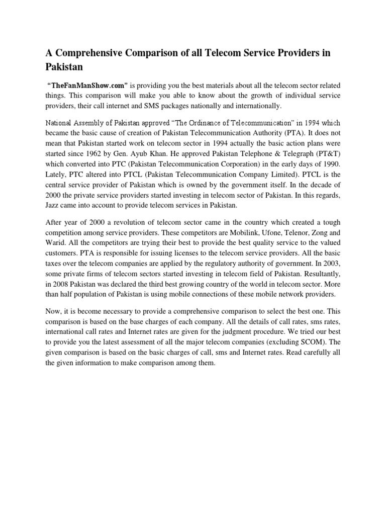 Telecom Companies in Pakistan Comparison | PDF | Information And ...