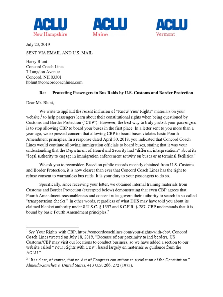 Letter To Concord Coach Lines From ACLU | PDF | U.S. Customs And Border ...