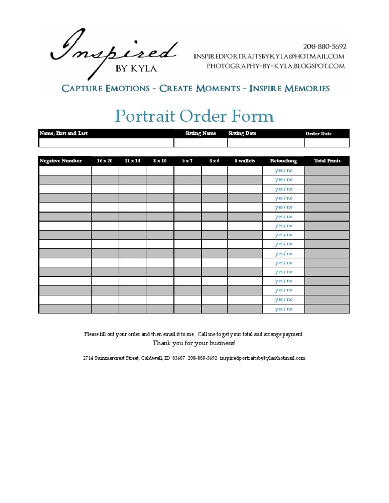 Portrait Order Form: Inspired Portraits by Kyla | PDF
