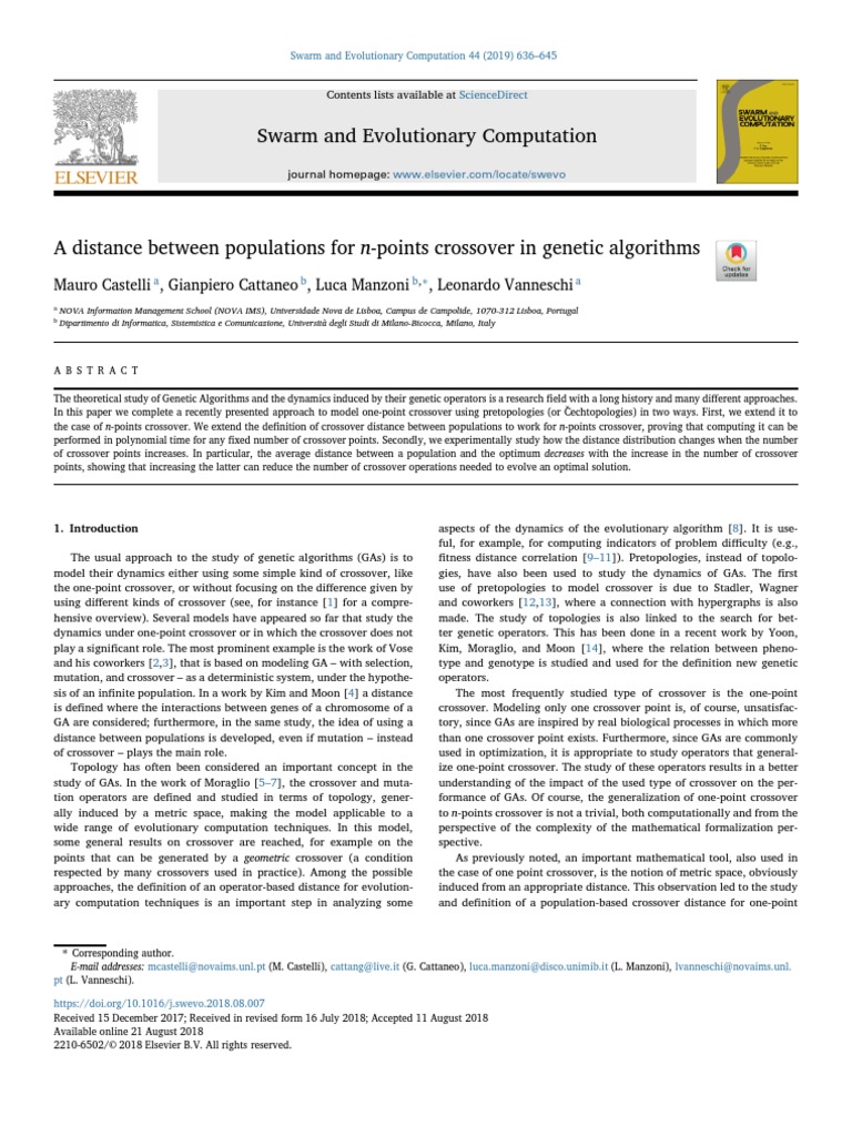 Swarm and Evolutionary Computation: Mauro Castelli, Gianpiero Cattaneo, Luca Manzoni, Leonardo ...