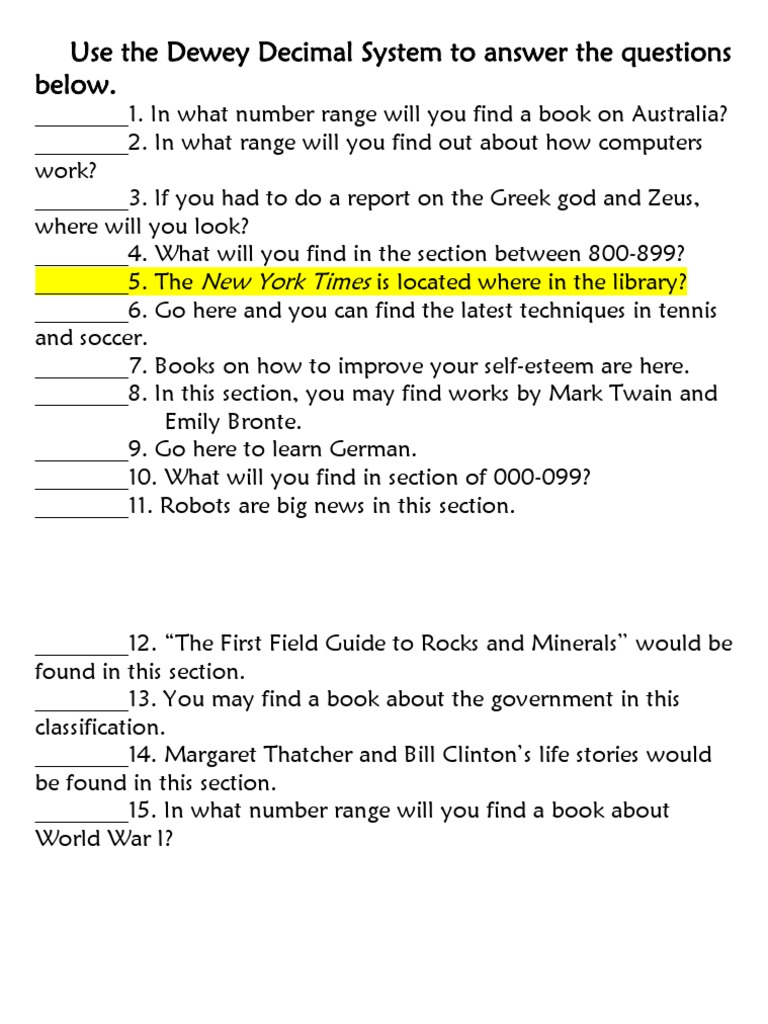 Use The Dewey Decimal System To Answer The Questions Below | PDF