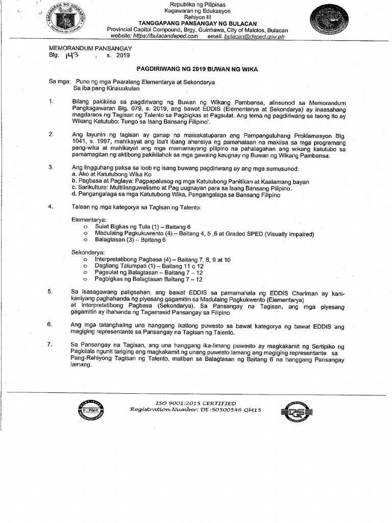 Memorandum Pansangay Blg. 143 S. 2019 | PDF