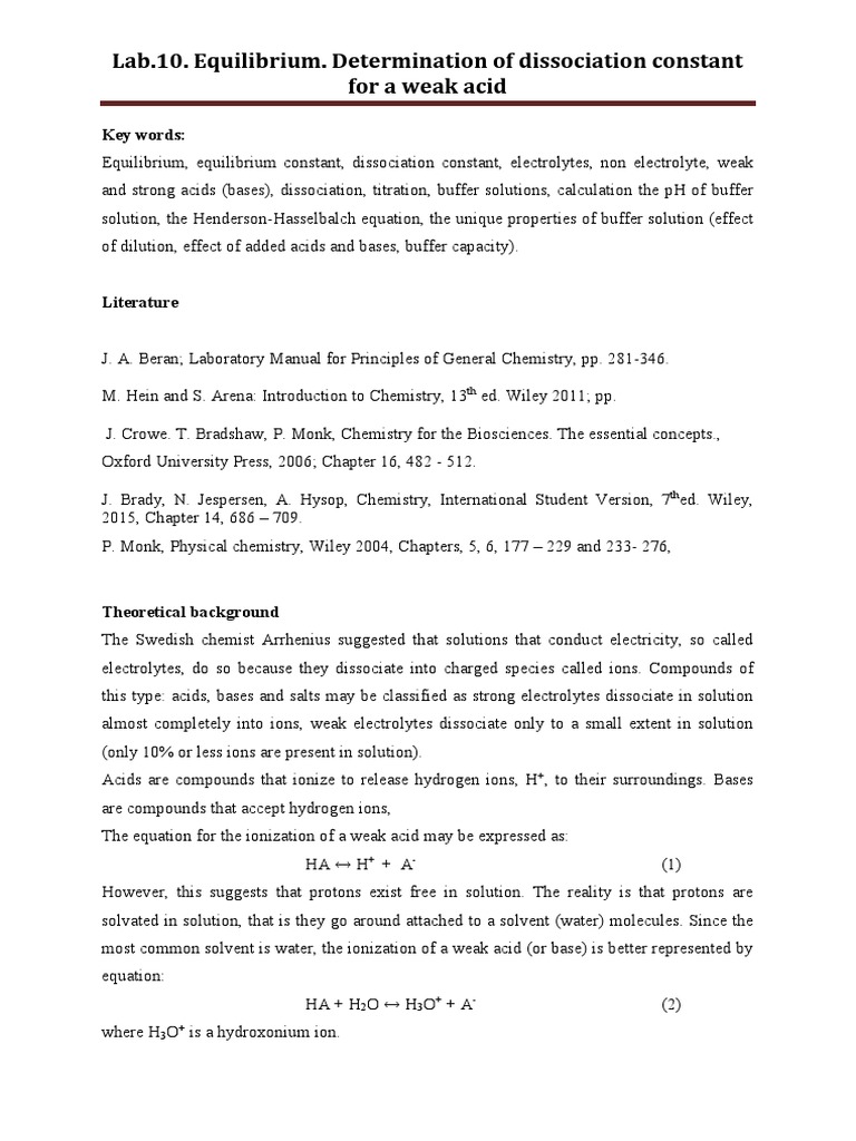 Lab.10. Equilibrium. Determination of Dissociation Constant For A Weak ...