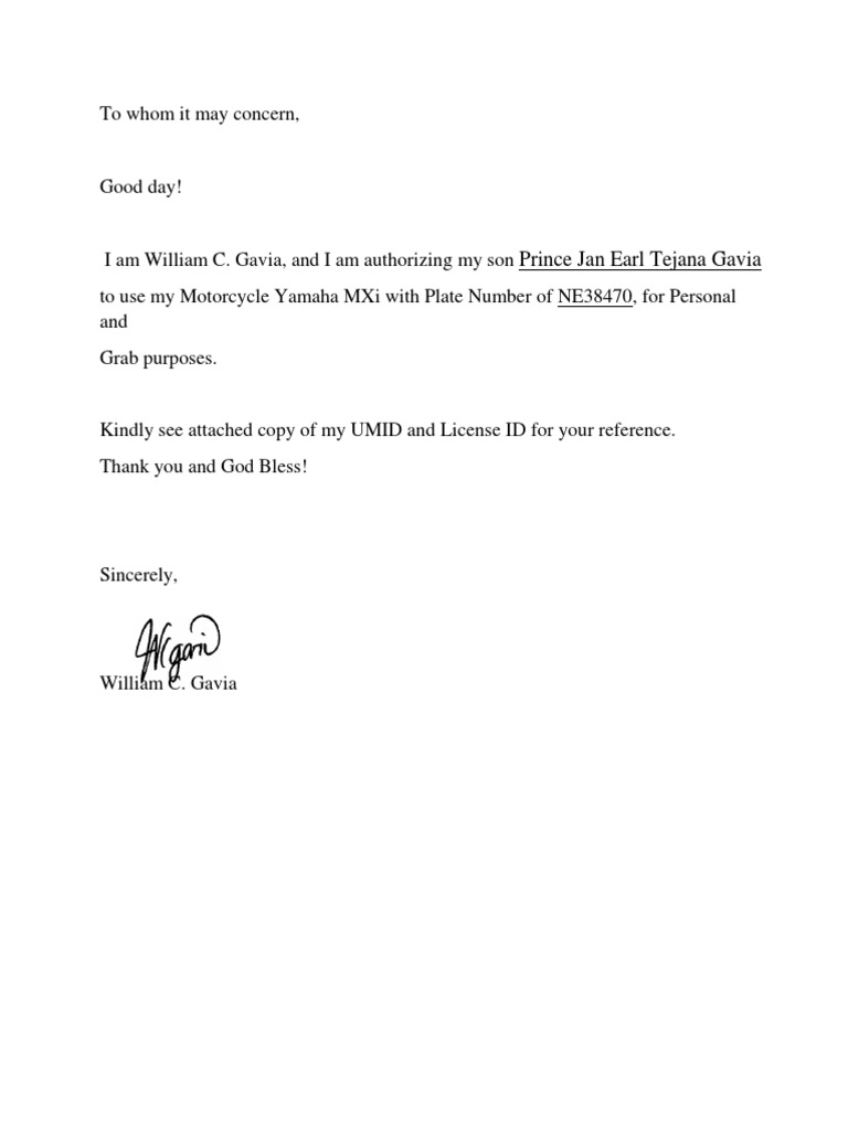 Authorization Letter for Motorcycle Use | PDF