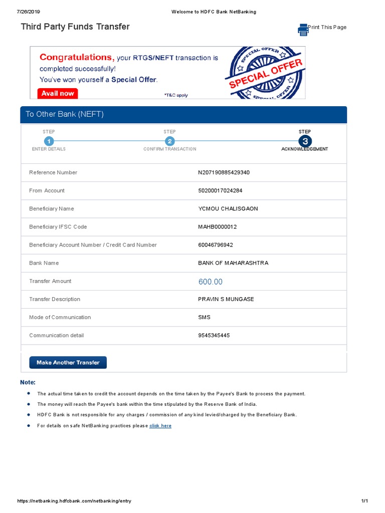 Third Party Funds Transfer: To Other Bank (NEFT) | PDF