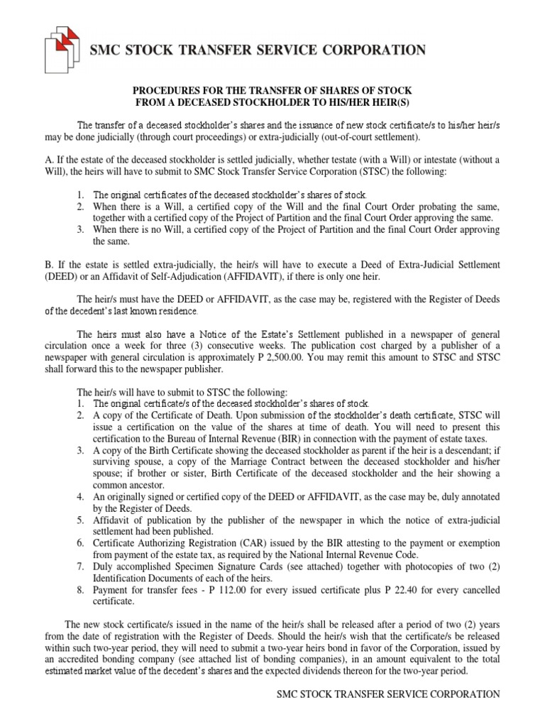 Procedures For The Transfer of Shares of Stock From A Deceased ...