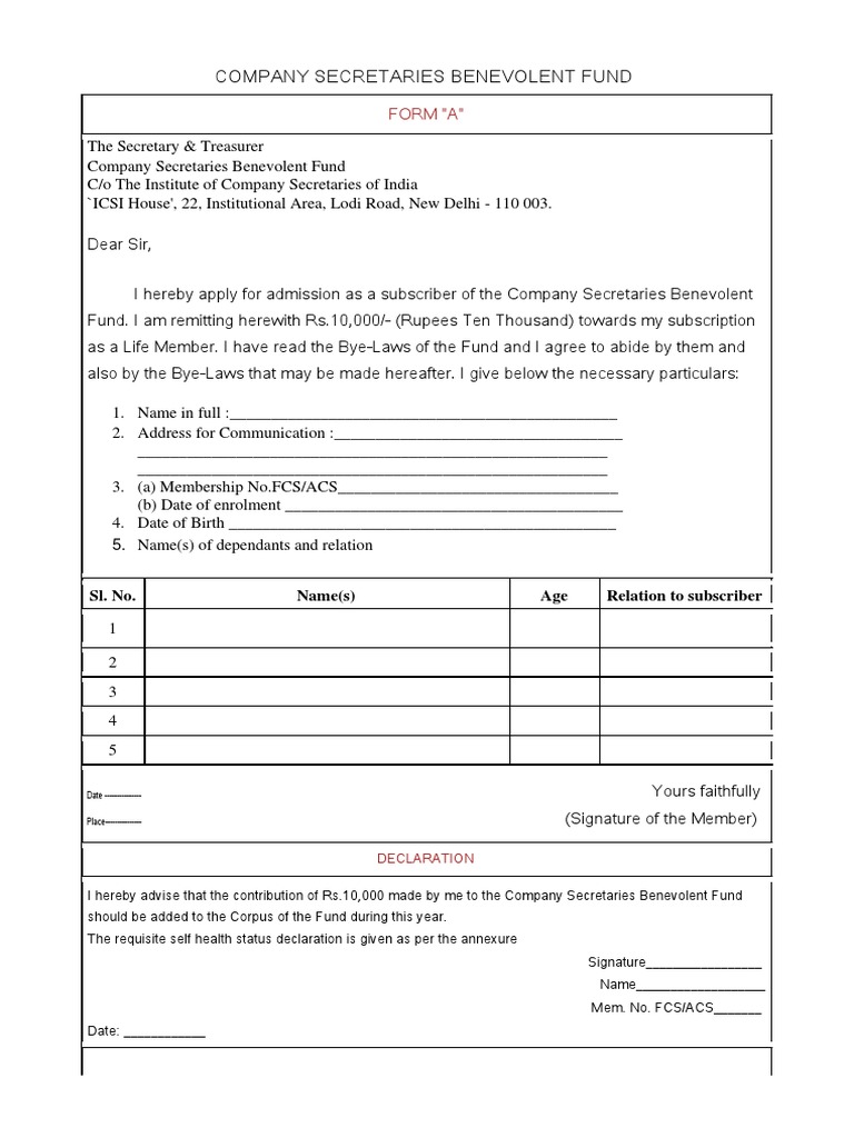 Company Secretaries Benevolent Fund: Form "A" | PDF | Life Insurance ...