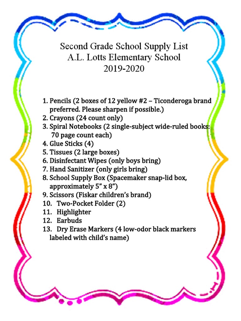 Second Grade School Supply List A.L. Lotts Elementary School 2019-2020 ...