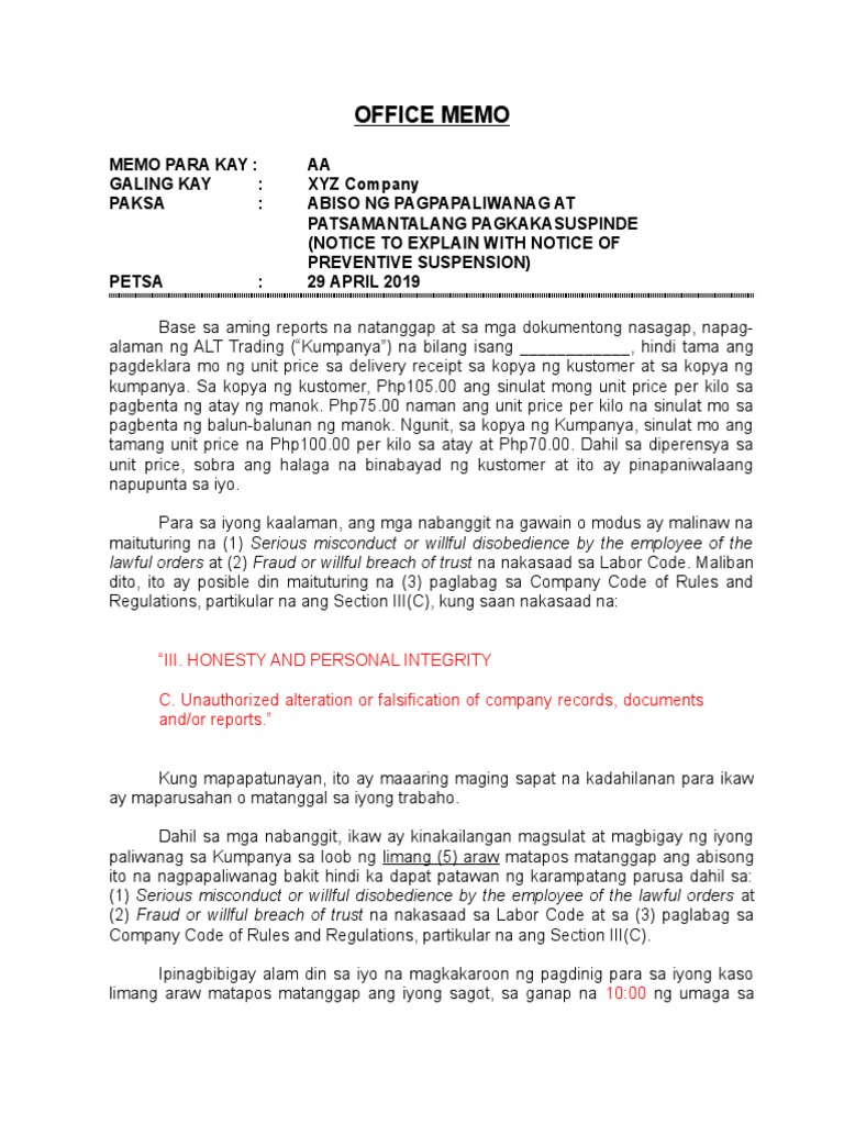 Labor- sample Notice to Explain