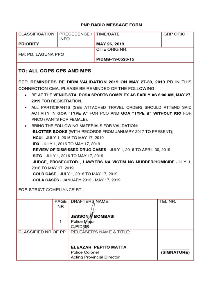 To: All Cops Cps and MPS: PNP Radio Message Form | PDF