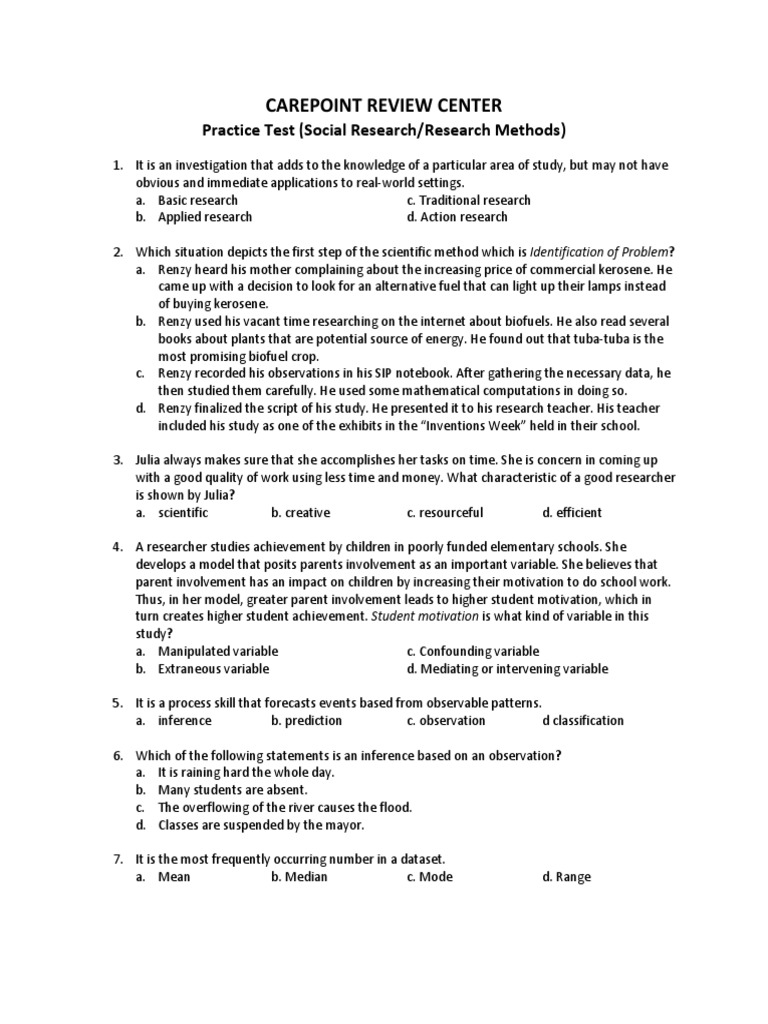 Carepoint Review Center: Practice Test (Social Research/Research ...