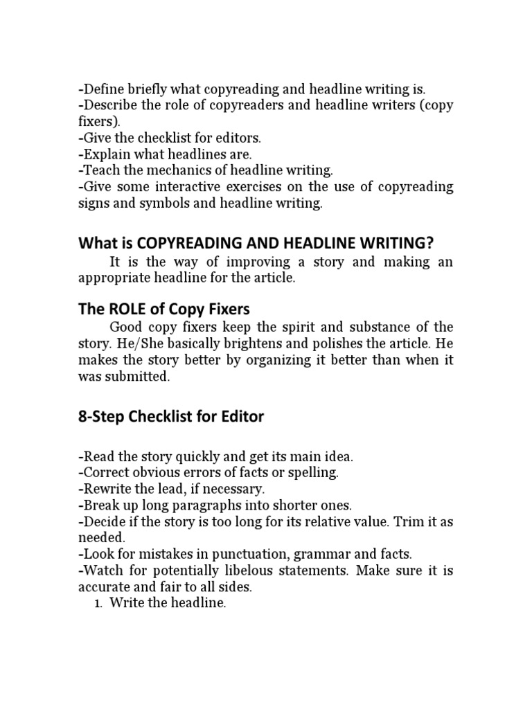 What Is Copyreading and Headline Writing? The ROLE of Copy Fixers | PDF ...