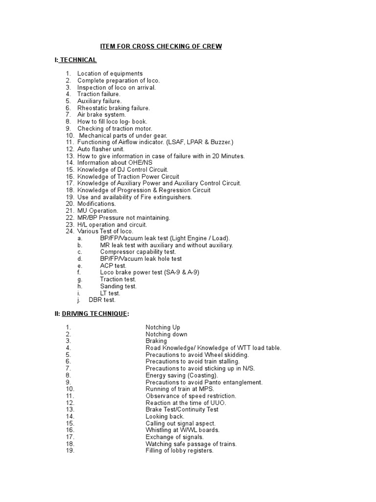 Loco Inspection and Safety Checklist | PDF | Leak | Transformer