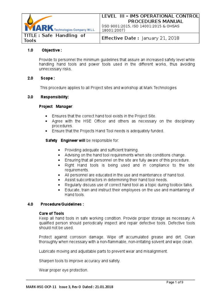 Safe Tool Handling Procedures Guide | PDF | Hammer | Occupational ...