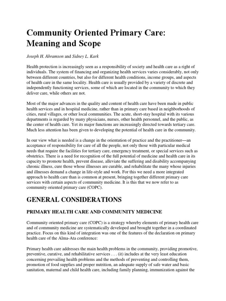 Community Oriented Primary Care: Meaning and Scope: General Considerations | PDF | Health Care ...