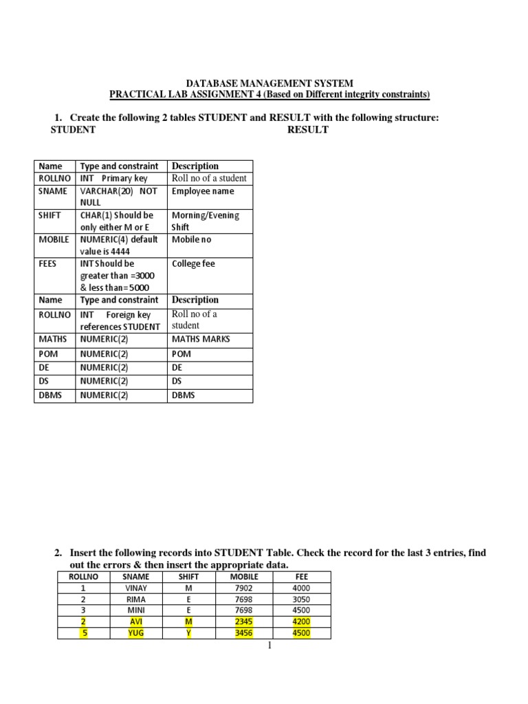 Create The Following 2 Tables STUDENT and RESULT With The Following ...