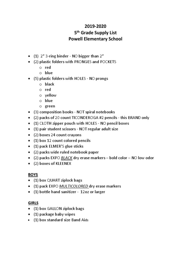 2019-2020 5 Grade Supply List Powell Elementary School | PDF