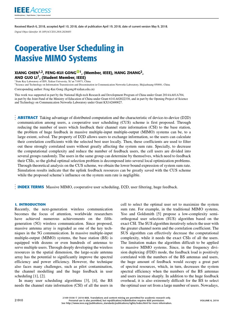 Cooperative User Scheduling in Massive MIMO Systems | PDF | Mimo | Duplex (Telecommunications)