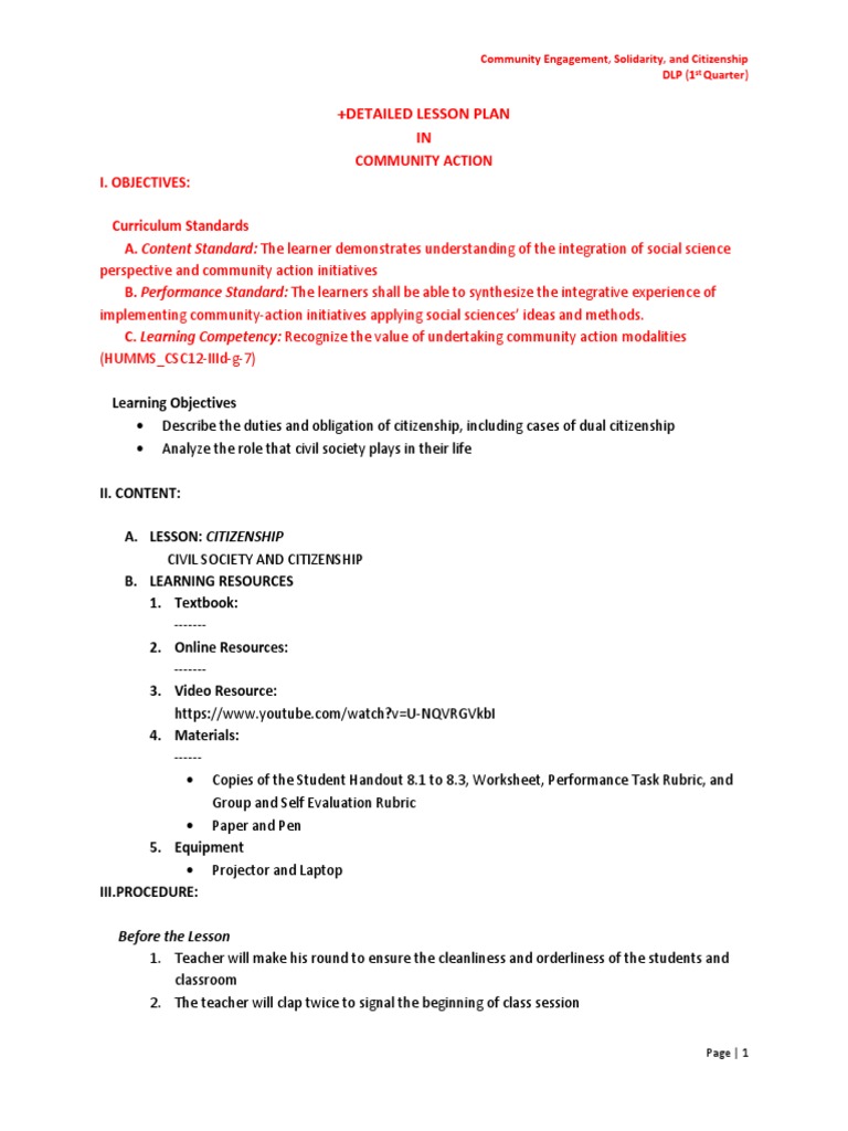 Detailed Lesson Plan DLP Citizenship | PDF | Citizenship | Community