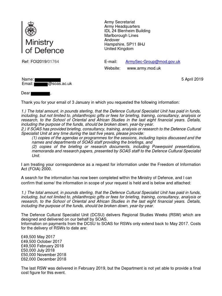 SOAS Ministry of Defence Trainings FOI Documents | PDF | Government ...