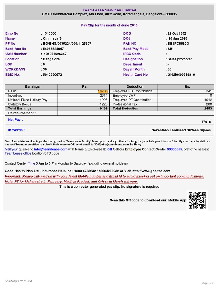 June 2019 PaySlip | PDF | Payments | Taxes